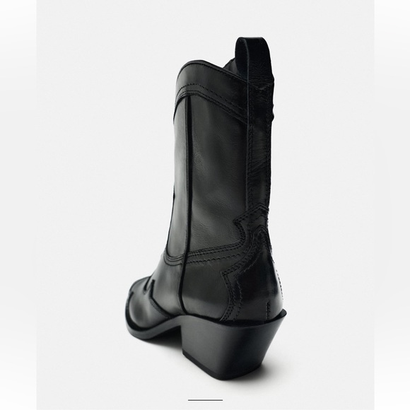 Zara | Shoes | Zara Heeled Leather Cowboy Ankle Boots With Pieces ...